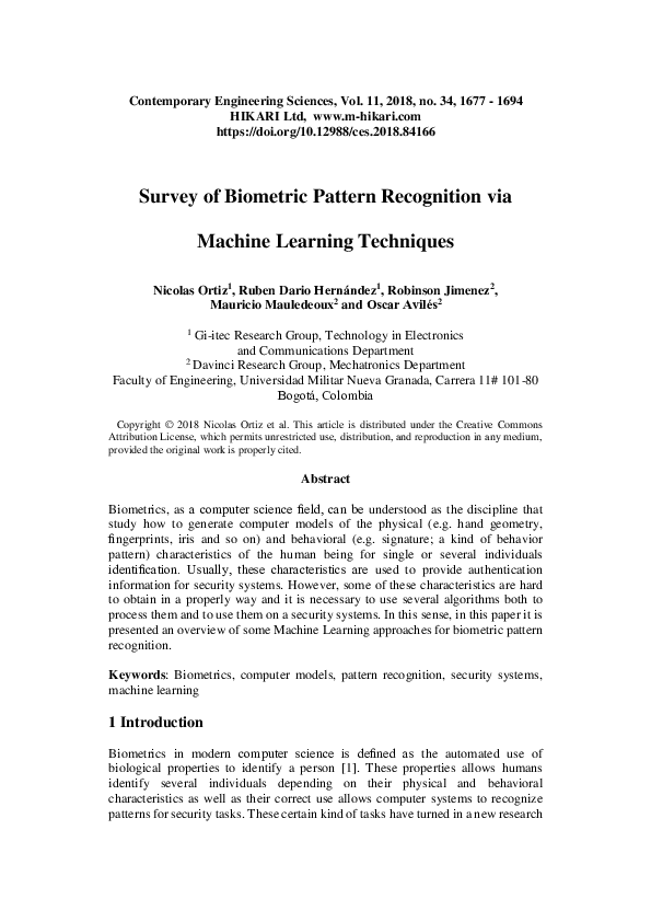 (PDF) Survey of biometric pattern recognition via machine learning techniques | Nicolás Ortiz ...