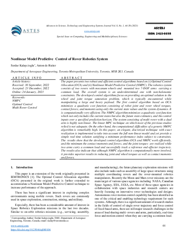 (PDF) Nonlinear Model Predictive Control of Rover Robotics System
