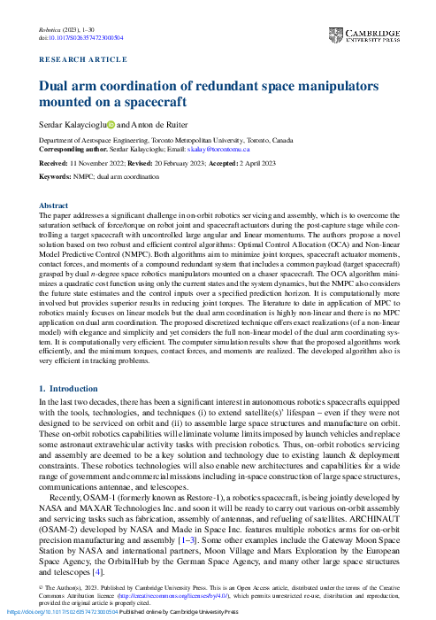 (PDF) Dual arm coordination of redundant space manipulators mounted on ...