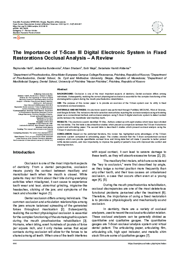 (PDF) The Importance of T-Scan III Digital Electronic System in Fixed ...