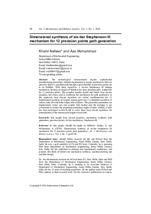 (PDF) Dimensional synthesis of six-bar Stephenson III mechanism for 12 precision points path ...