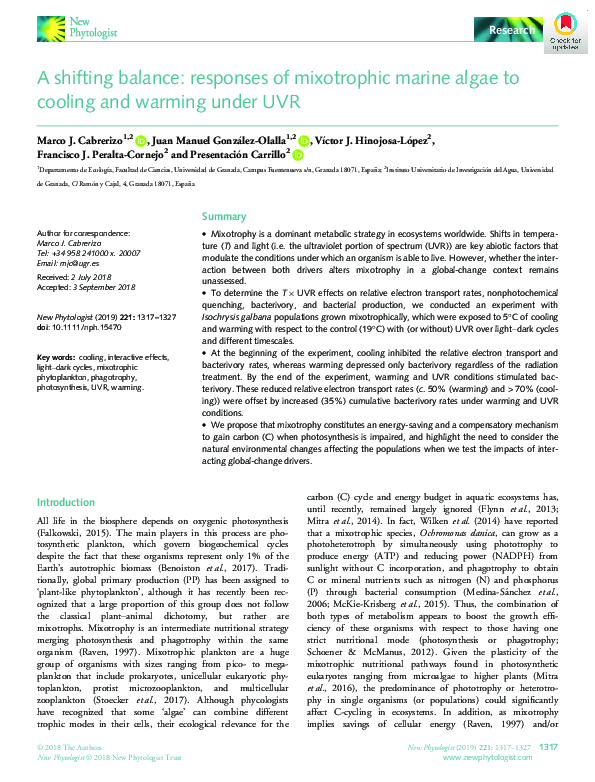 (PDF) A shifting balance: responses of mixotrophic marine algae to ...