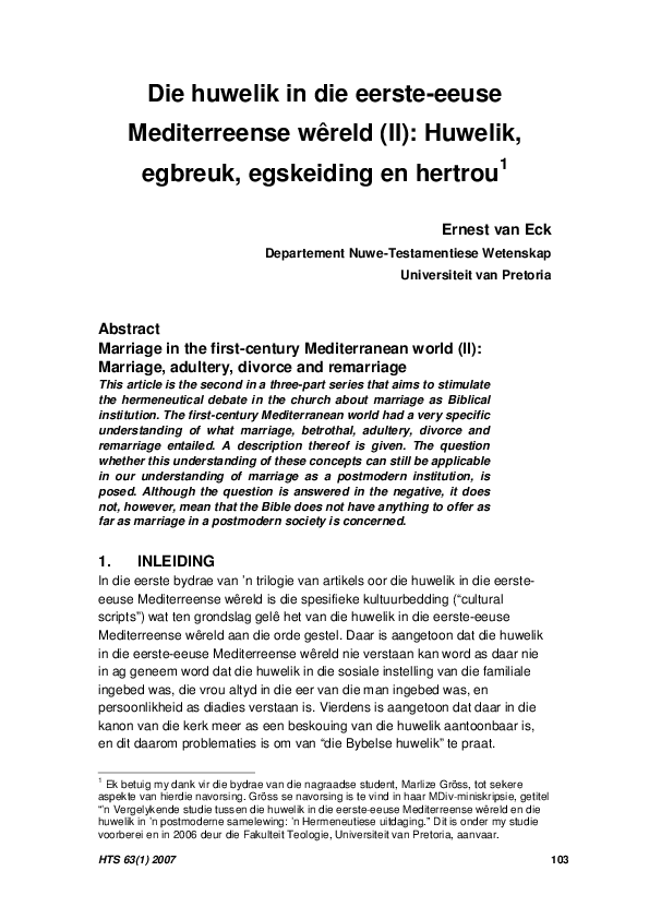 (PDF) Die huwelik in die eerste-eeuse Mediterreense wêreld (II ...