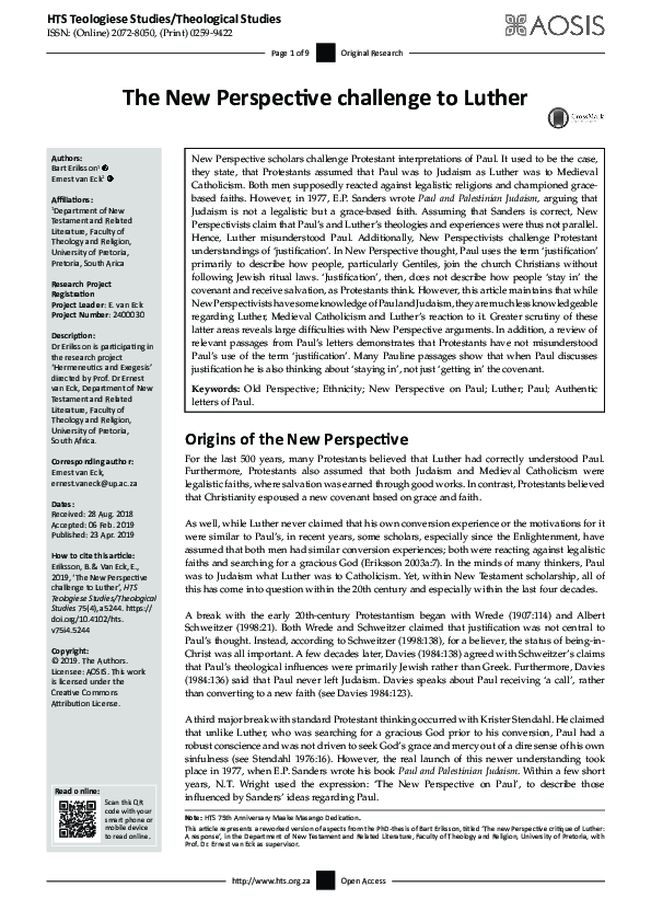 (PDF) The New Perspective challenge to Luther