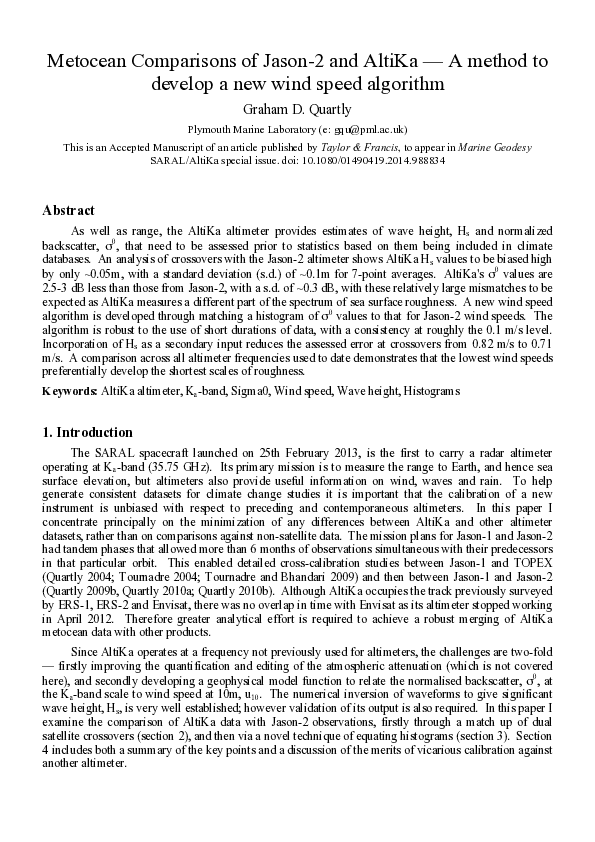 (PDF) Metocean Comparisons of Jason-2 and AltiKa—A Method to Develop a ...