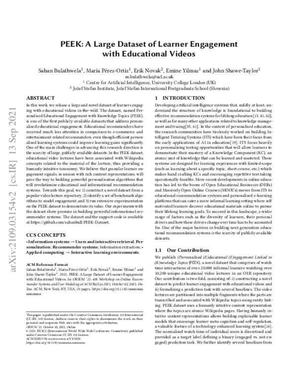 (PDF) PEEK: A Large Dataset of Learner Engagement with Educational Videos