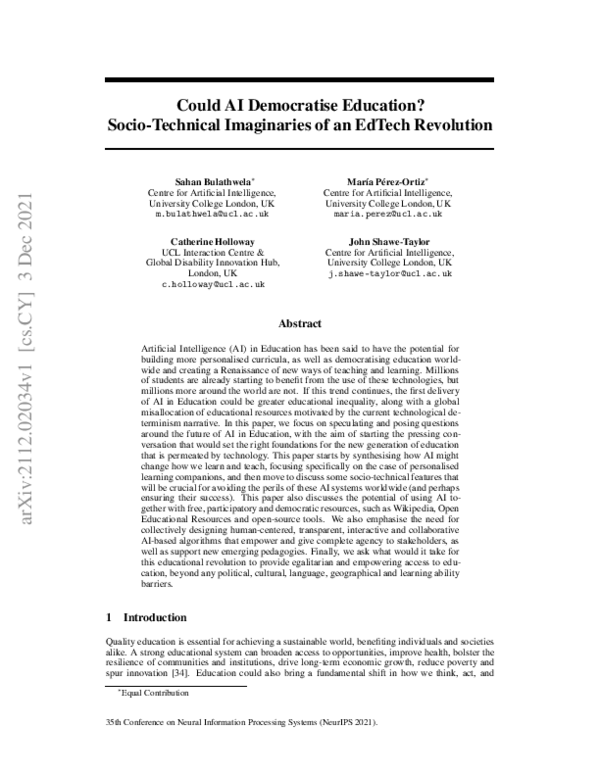 (PDF) Could AI Democratise Education? Socio-Technical Imaginaries of an EdTech Revolution