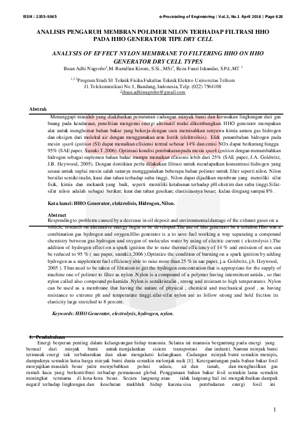 (PDF) Analisis Pengaruh Membran Polimer Nilon Terhadap Filtrasi Hho Pada Hho Generator Tipe Dry Cell
