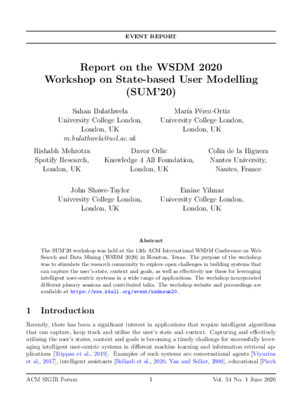 (PDF) Report on the WSDM 2020 workshop on state-based user modelling (SUM'20)