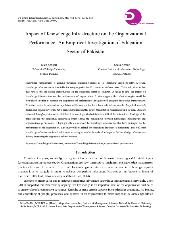(PDF) Impact of Knowledge Infrastructure on the Organizational Performance: An Empirical ...