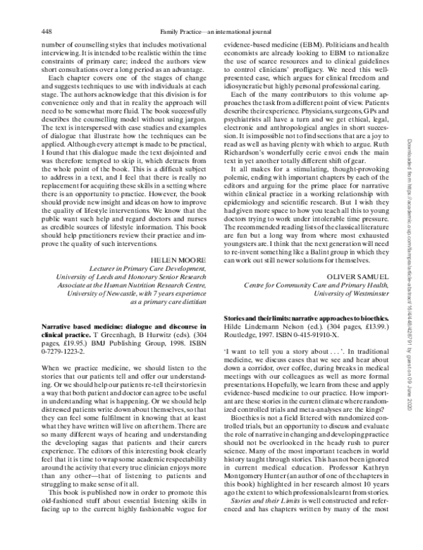 (PDF) Narrative based medicine: dialogue and discourse in clinical practice