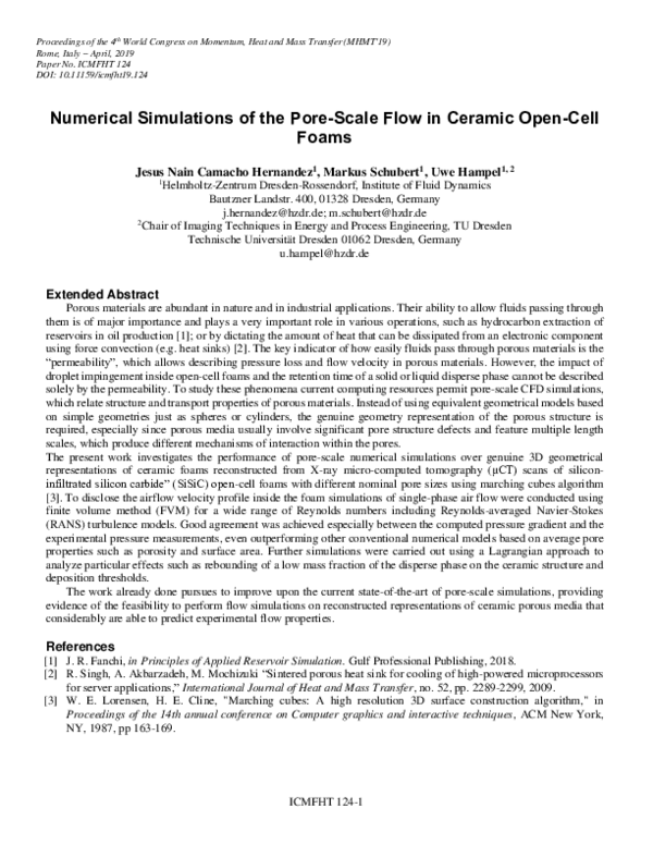 (PDF) Numerical Simulations of the Pore-Scale Flow in Ceramic Open-Cell Foams