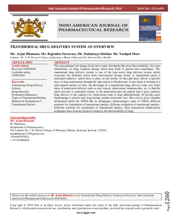(PDF) Transdermal Drug Delivery System-An Overview