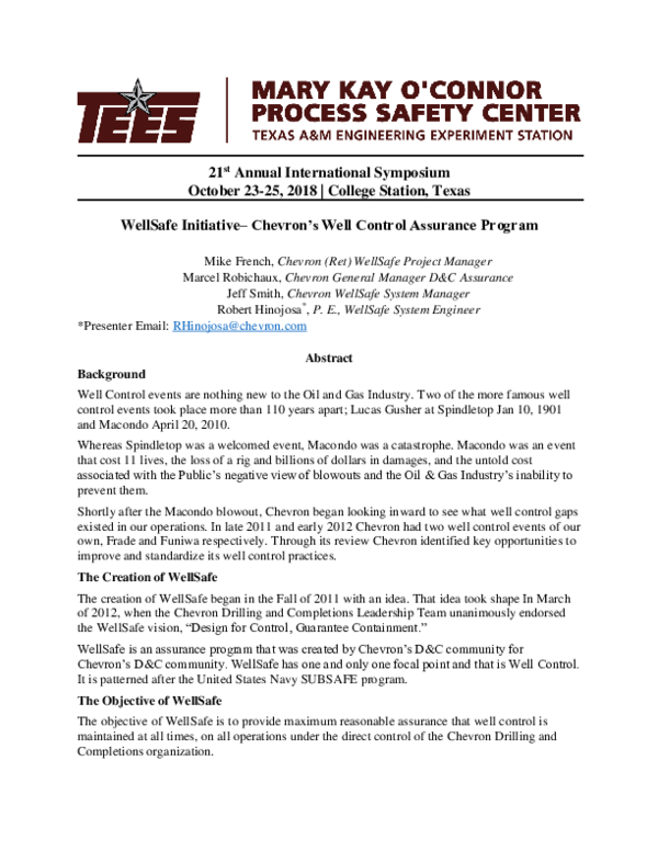 (PDF) WellSafe Initiative– Chevron’s Well Control Assurance Program