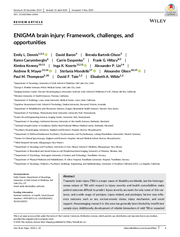 (PDF) ENIGMA brain injury: Framework, challenges, and opportunities