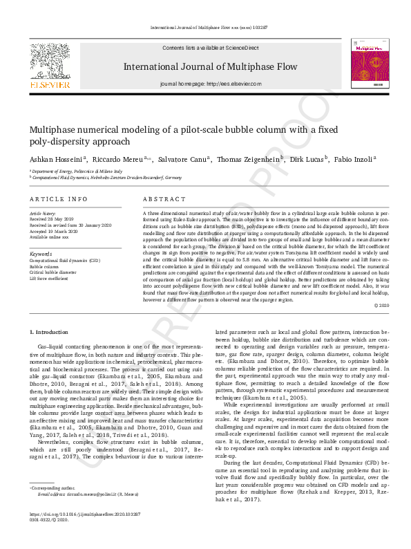 (PDF) Multiphase numerical modeling of a pilot-scale bubble column with a fixed poly-dispersity ...