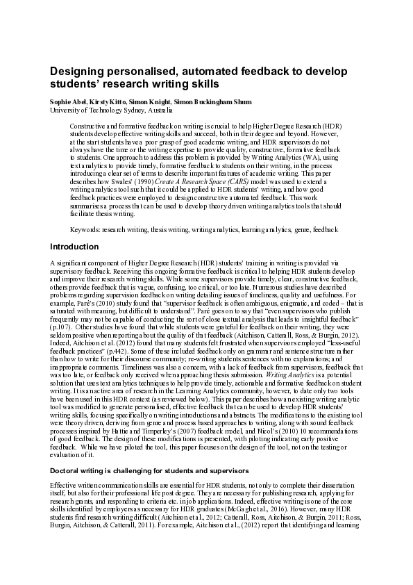 (PDF) Designing personalised, automated feedback to develop students’ research writing skills ...