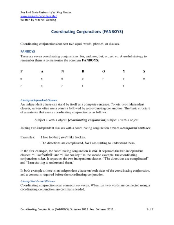 (PDF) Coordinating Conjunctions (FANBOYS