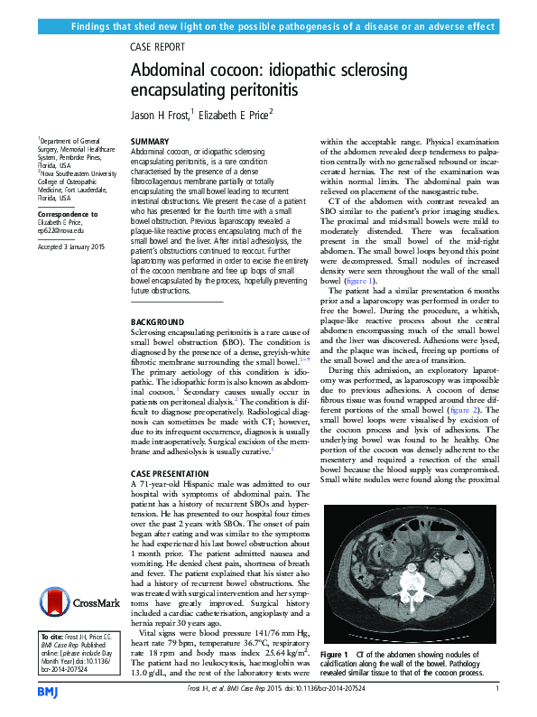 (PDF) Abdominal cocoon: idiopathic sclerosing encapsulating peritonitis