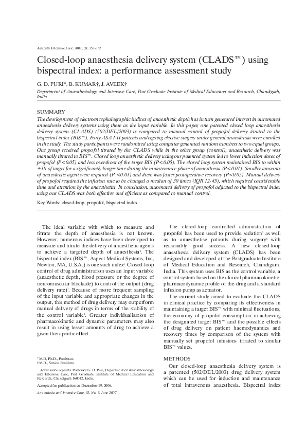 (PDF) Closed-Loop Anaesthesia Delivery System (CLADSTM) using Bispectral Index: A Performance ...