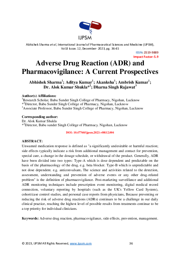 (PDF) Adverse Drug Reaction (ADR) and Pharmacovigilance: A Current ...