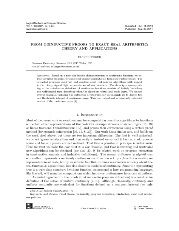 (PDF) From coinductive proofs to exact real arithmetic: theory and applications