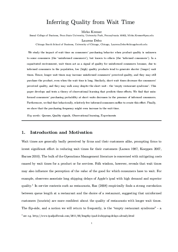 (PDF) Inferring Quality from Wait Time