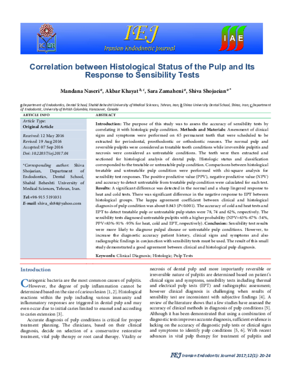 (PDF) Correlation Between Pulp Sensibility Tests and Histologic Diagnosis