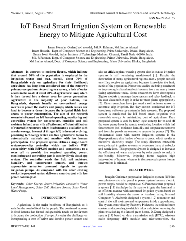 Pdf Iot Based Smart Irrigation System On Renewable Energy To Mitigate Agricultural Cost Imam