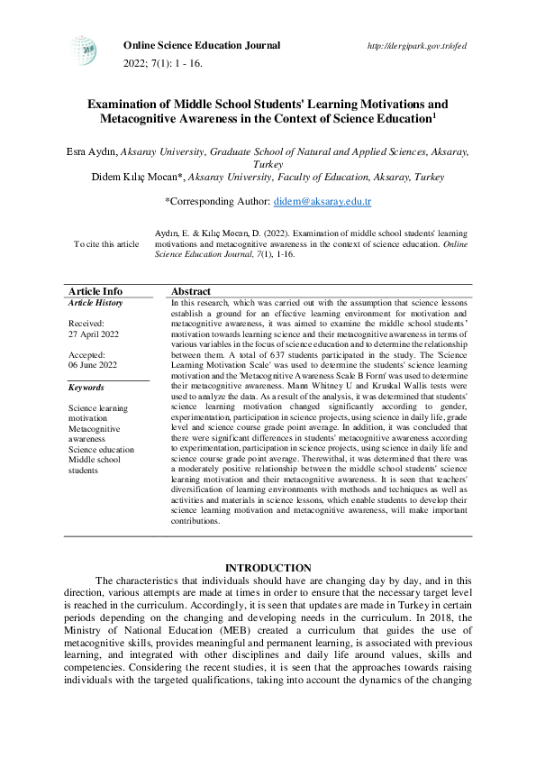 (PDF) Examination of Middle School Students' Learning Motivations and ...