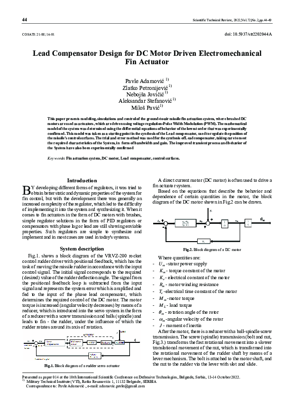 (PDF) Lead compensator design for DC motor driven electromechanical fin actuator | Pavle ...