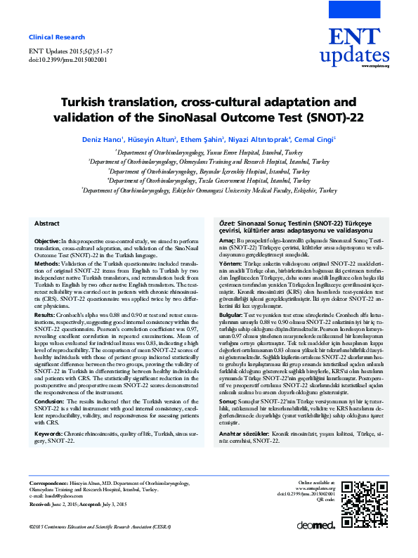 (PDF) Turkish translation, cross-cultural adaptation and validation of ...