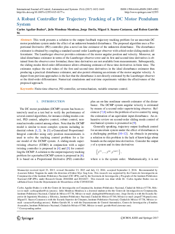 (PDF) A robust controller for trajectory tracking of a DC motor pendulum system | Julio Mendoza ...