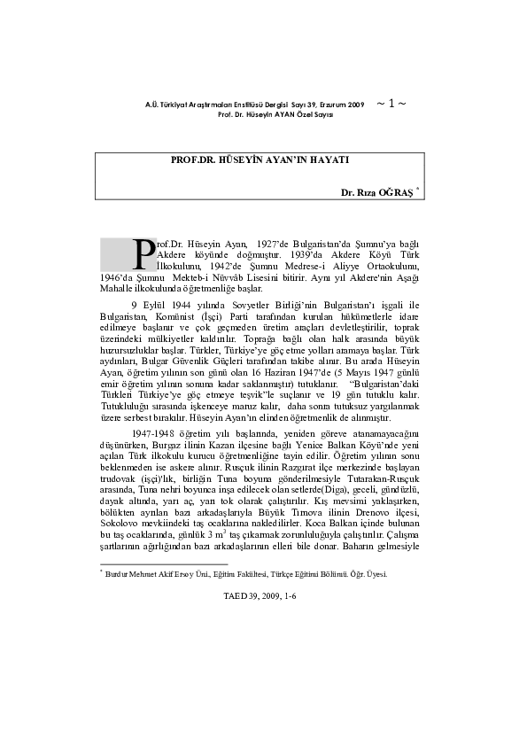 (PDF) PROF.DR. Hüseyi̇n Ayan’In Hayati