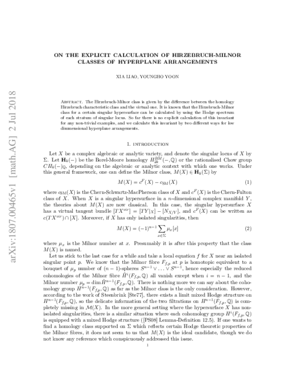 (PDF) On the explicit calculation of Hirzebruch-Milnor classes of hyperplane arrangements ...