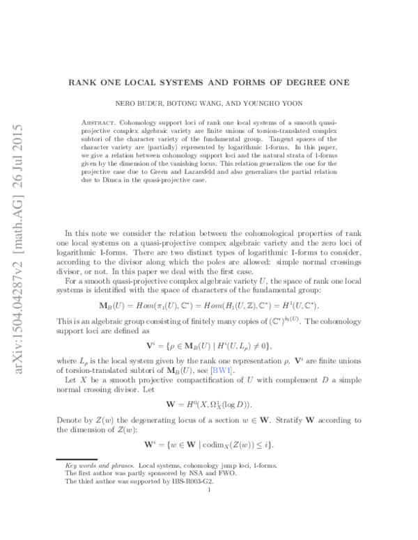 (PDF) Rank One Local Systems and Forms of Degree One