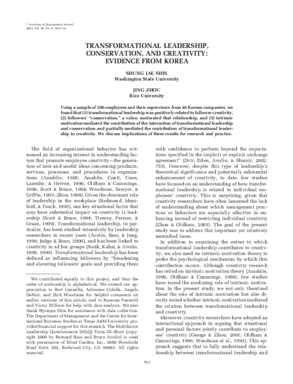 (PDF) Transformational Leadership, Conservation, and Creativity: Evidence from Korea