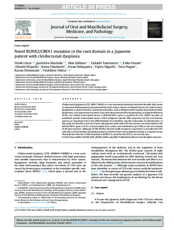 (PDF) Novel RUNX2/CBFA1 mutation in the runt domain in a Japanese patient with cleidocranial ...