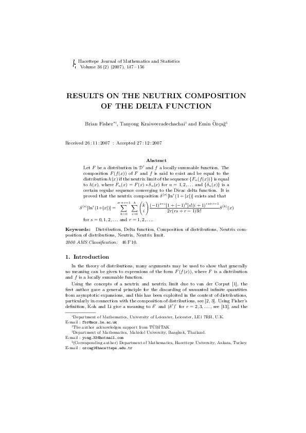 (PDF) Some results on the neutrix composition of the delta function
