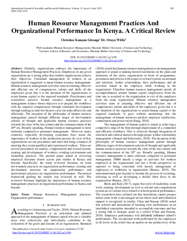 (PDF) Human Resource Management Practices And Organizational Performance In Kenya. A Critical Review