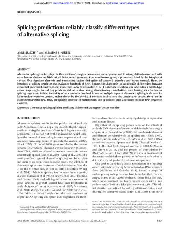 (PDF) Splicing predictions reliably classify different types of ...