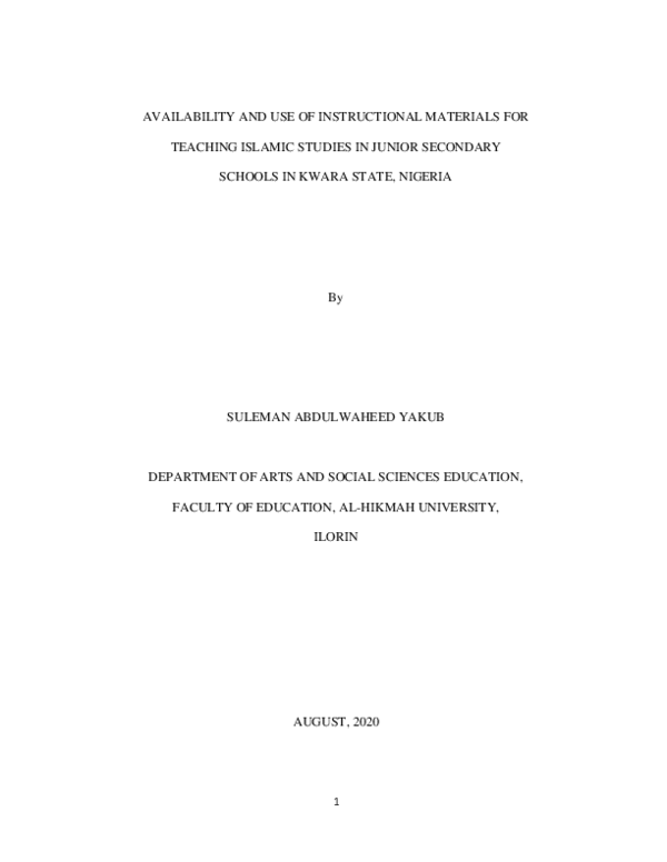 (PDF) Availability and use of Instructional Materials for Teaching Islamic Studies in Junior ...
