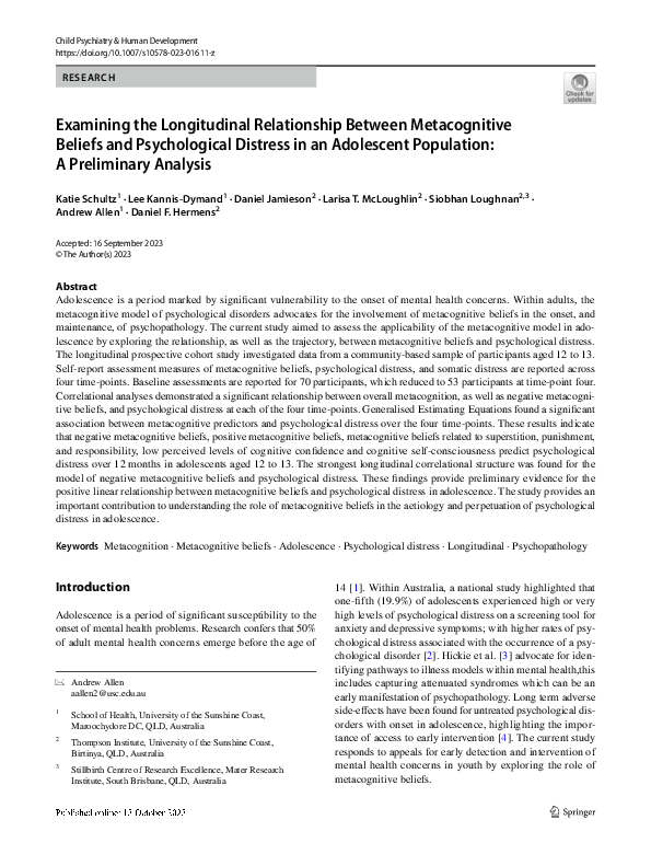 Pdf Examining The Longitudinal Relationship Between Metacognitive Beliefs And Psychological