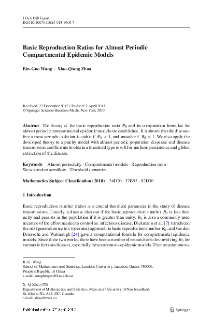 Pdf Basic Reproduction Ratios For Almost Periodic Reaction Diffusion Epidemic Models
