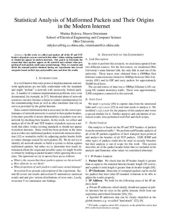 (PDF) Statistical analysis of malformed packets and their origins in ...