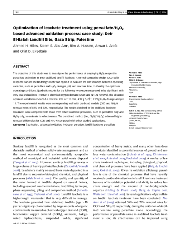 (PDF) Optimization of leachate treatment using persulfate/H2O2 based ...