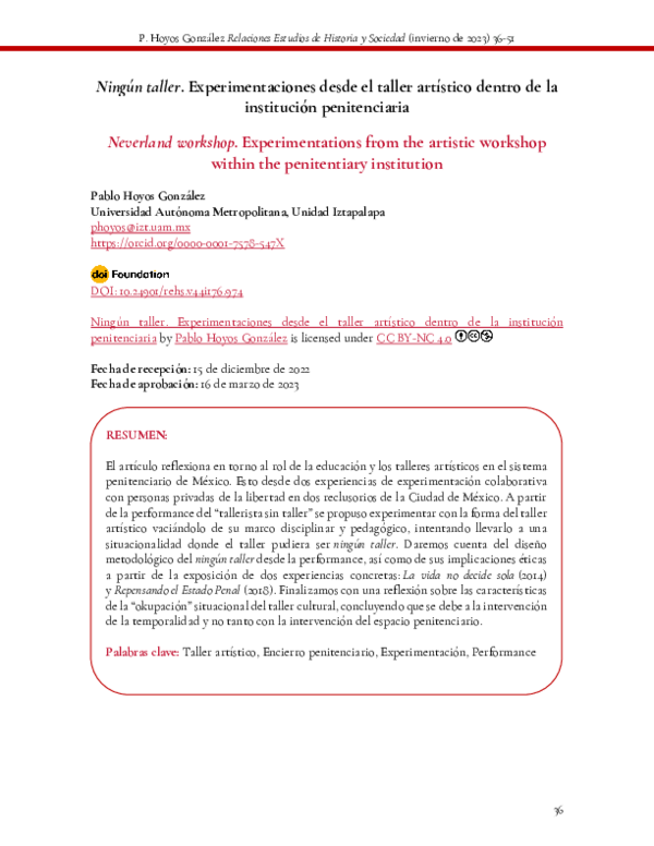 (PDF) Ningún taller. Experimentaciones desde el taller artístico dentro de la institución ...