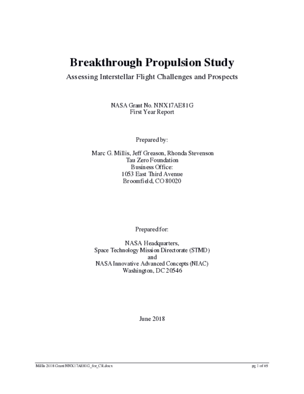 (PDF) Breakthrough Propulsion Study: Assessing Interstellar Flight Challenges and Prospects