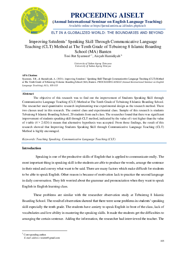 (PDF) Improving Sstudents’ Speaking Skill Through Communicative Language Teaching (CLT) Method ...