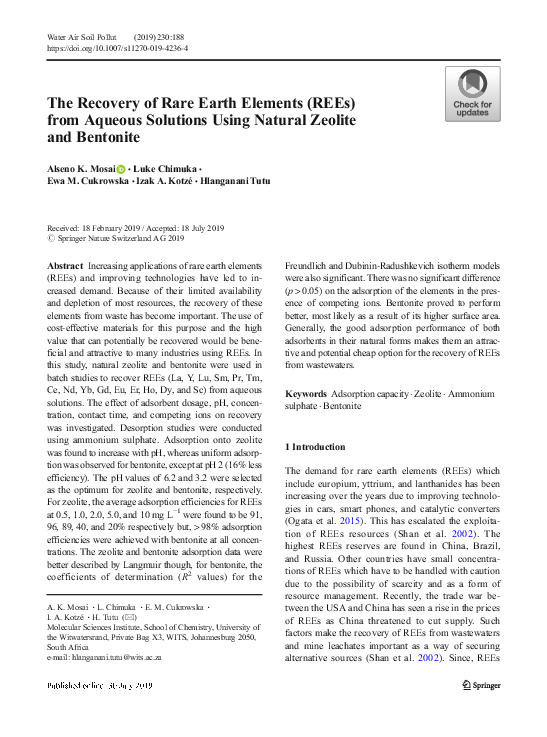 (PDF) The Recovery of Rare Earth Elements (REEs) from Aqueous Solutions ...